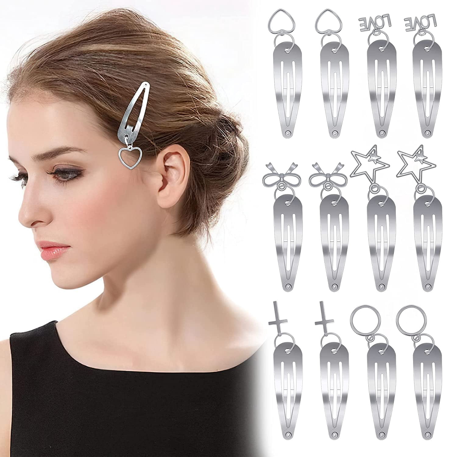 12 Pcs Metal Snap Hair Clips, 2 Inch Heart Hair Barrettes Clips Pendant ...