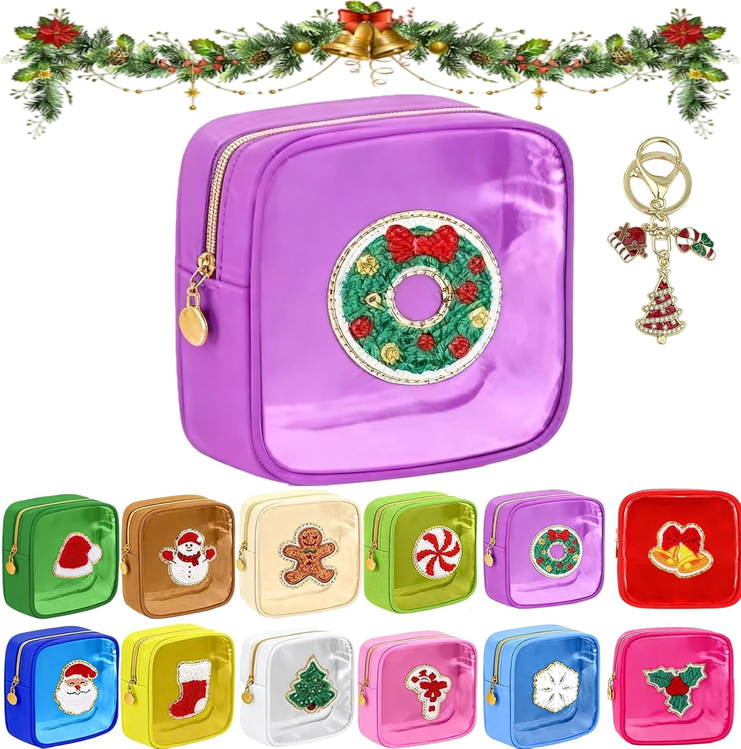 12 Pcs Mini Christmas Makeup Pouches, Small Nylon Holiday Cosmetic Bags ...