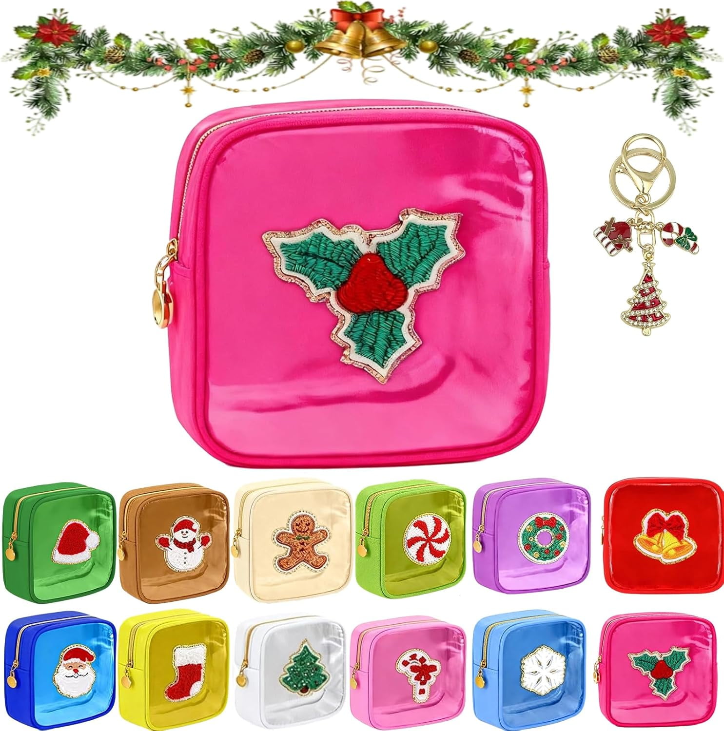 12 Pcs Mini Christmas Makeup Pouches, Small Nylon Holiday Cosmetic Bags with Zipper, Festive ...