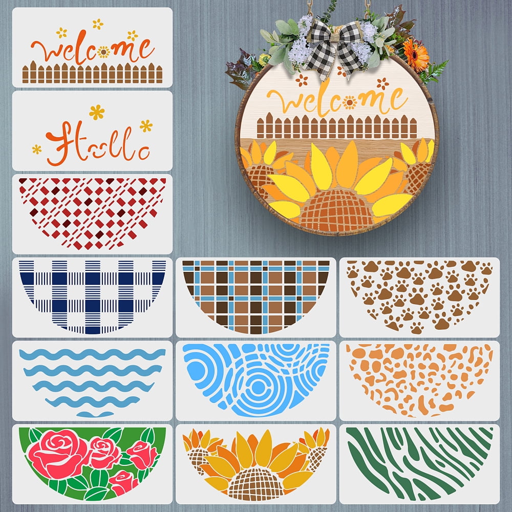 12 Pcs Mixed Pattern Painting Stencils 5.9x11.8 Inch Welcome Hello ...