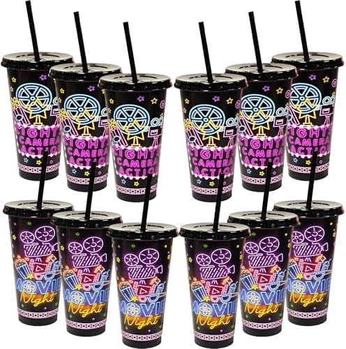 12 Pcs Movie Night Cups with Lid and Straw 24oz Movie Night Supplies ...