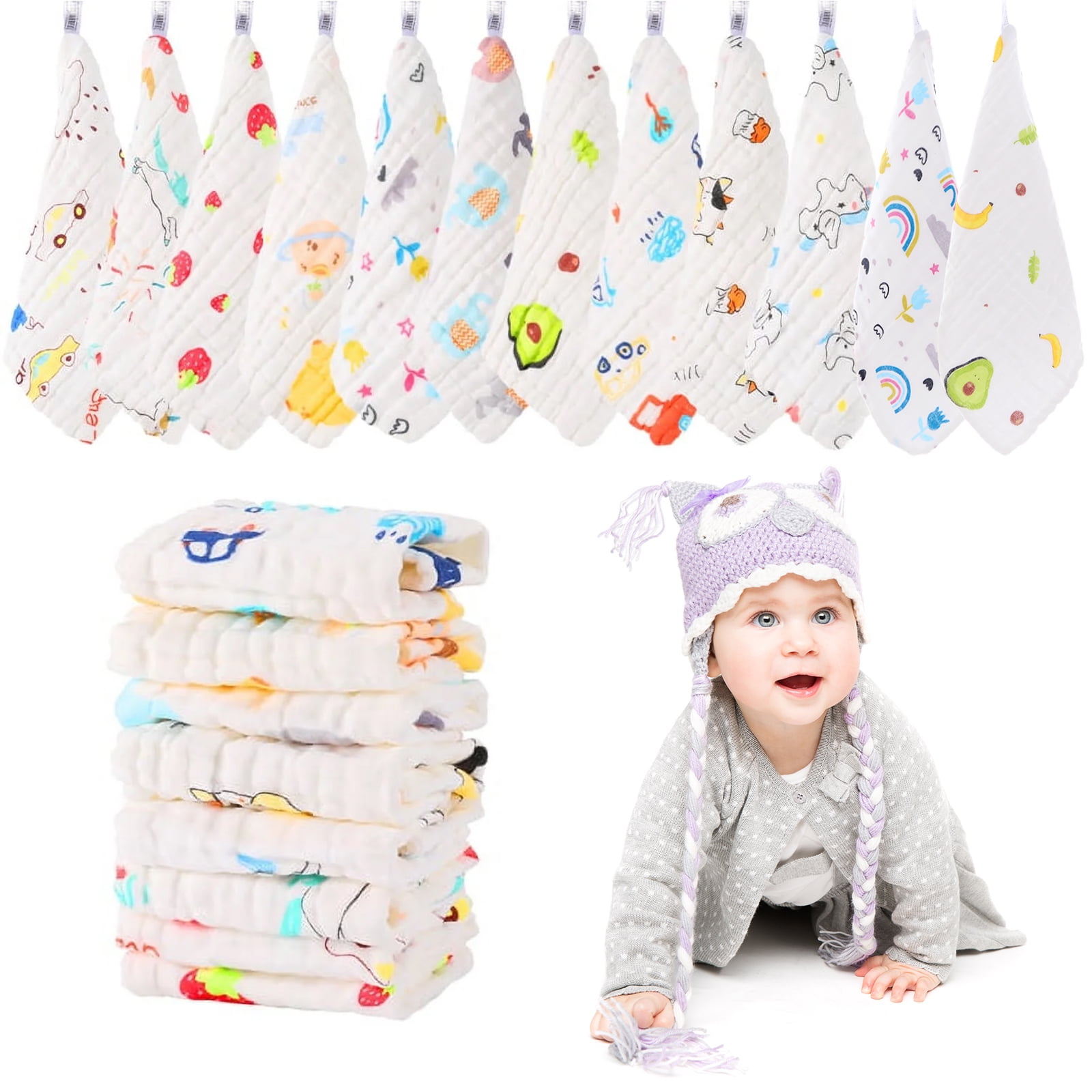 12 Pcs Muslin Baby Burp Cloths, Large 10"x10" Cotton Burping Cloth ...