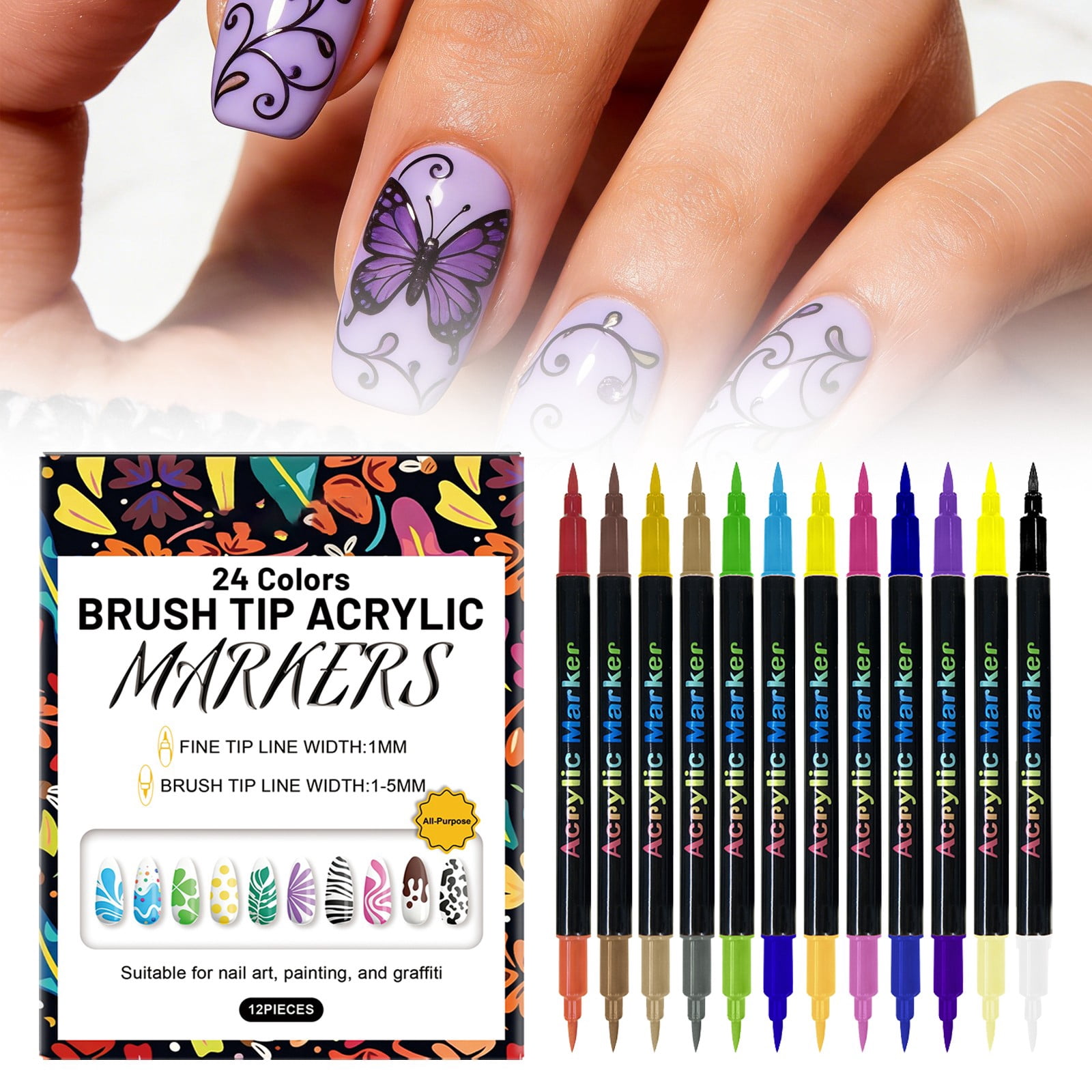 12 Pcs Nail Art Pens Set, Quick-Drying Nail Polish Markers, Acrylic ...