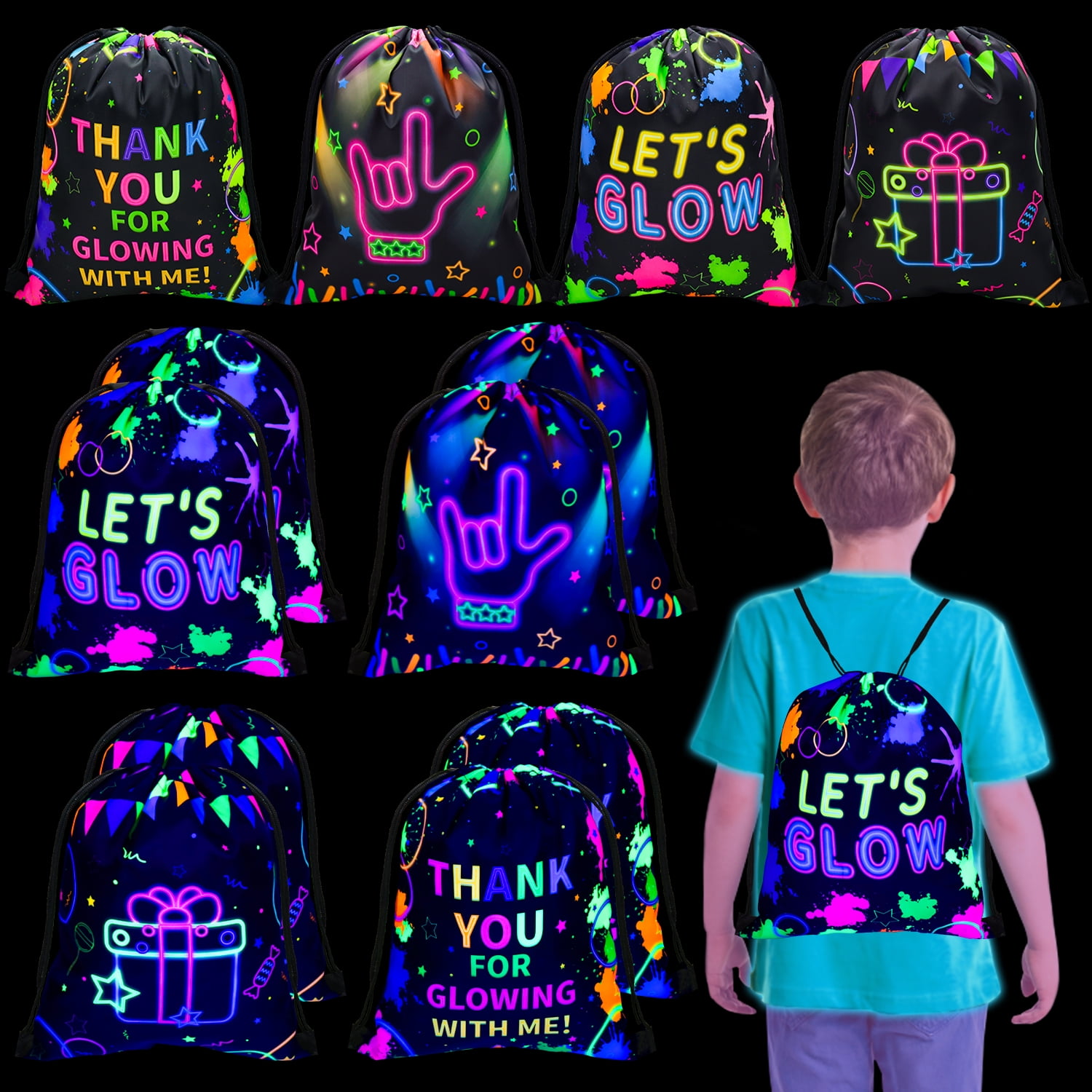 12 Pcs Neon Drawstring Gift Bags Glow Backpacks Party Decorations Glow ...