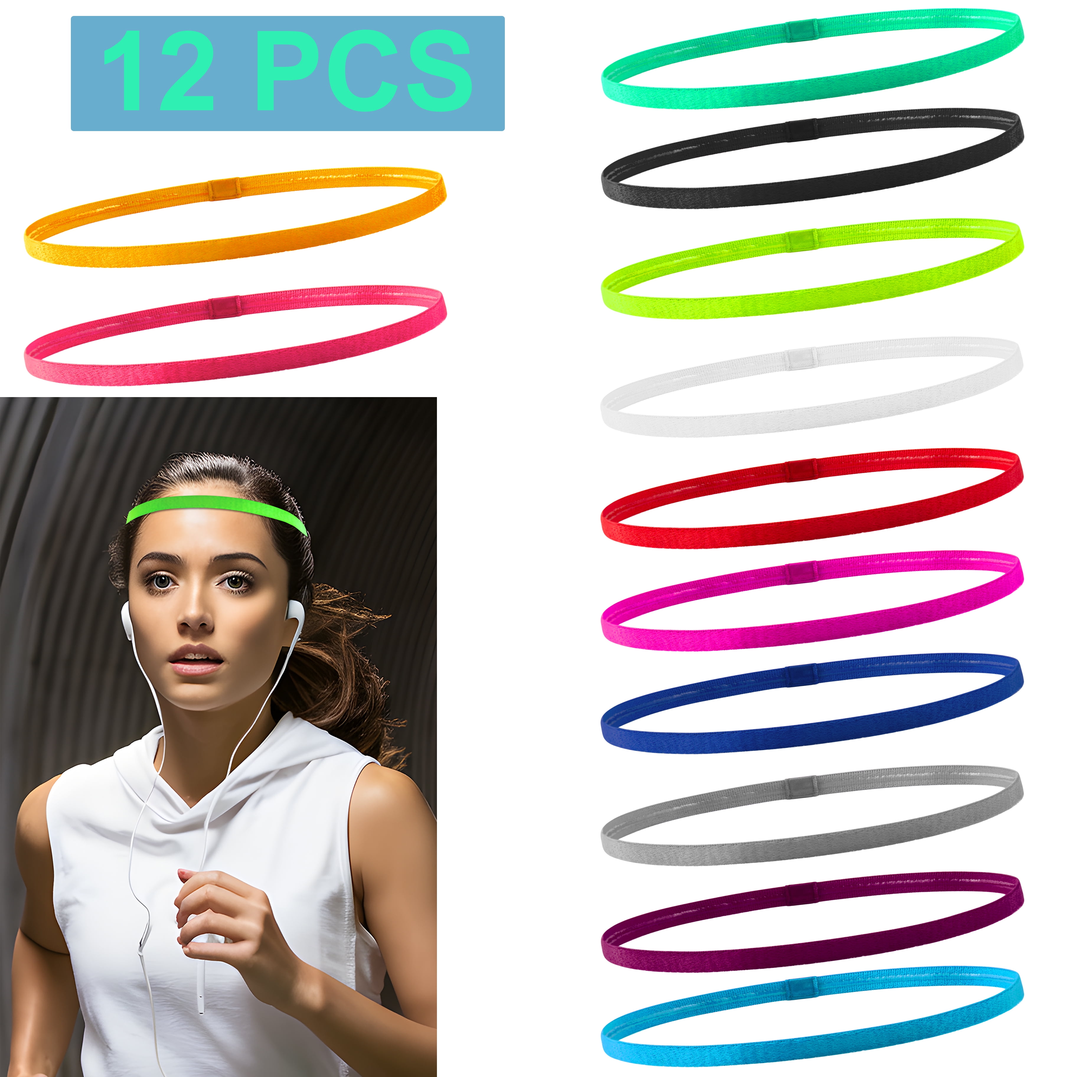 12 Pcs Non-Slip Elastic Sport Headbands, Thin Hair Bands for Athletic ...