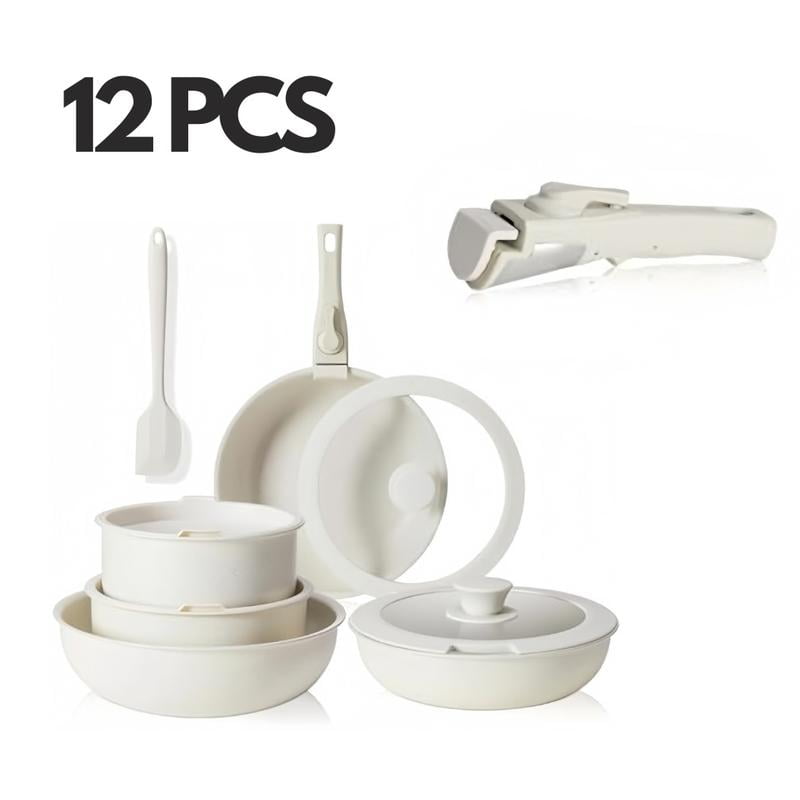 12 Pcs Non-Stick Cookware Set, Detachable Handles, Stackable Pots and ...