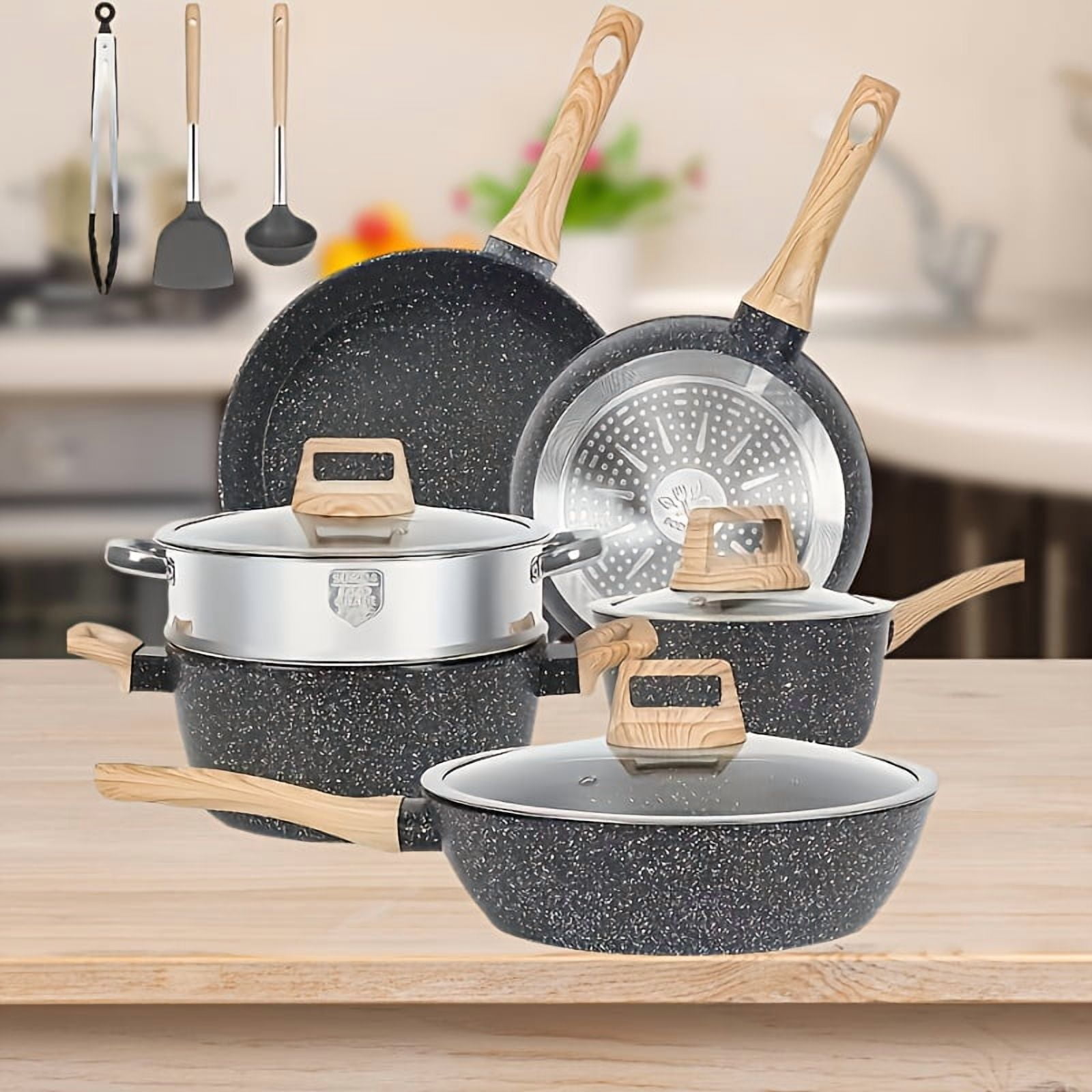 12 Pcs Non-Stick Granite Cookware Set In Sleek Black Finish For Perfect ...