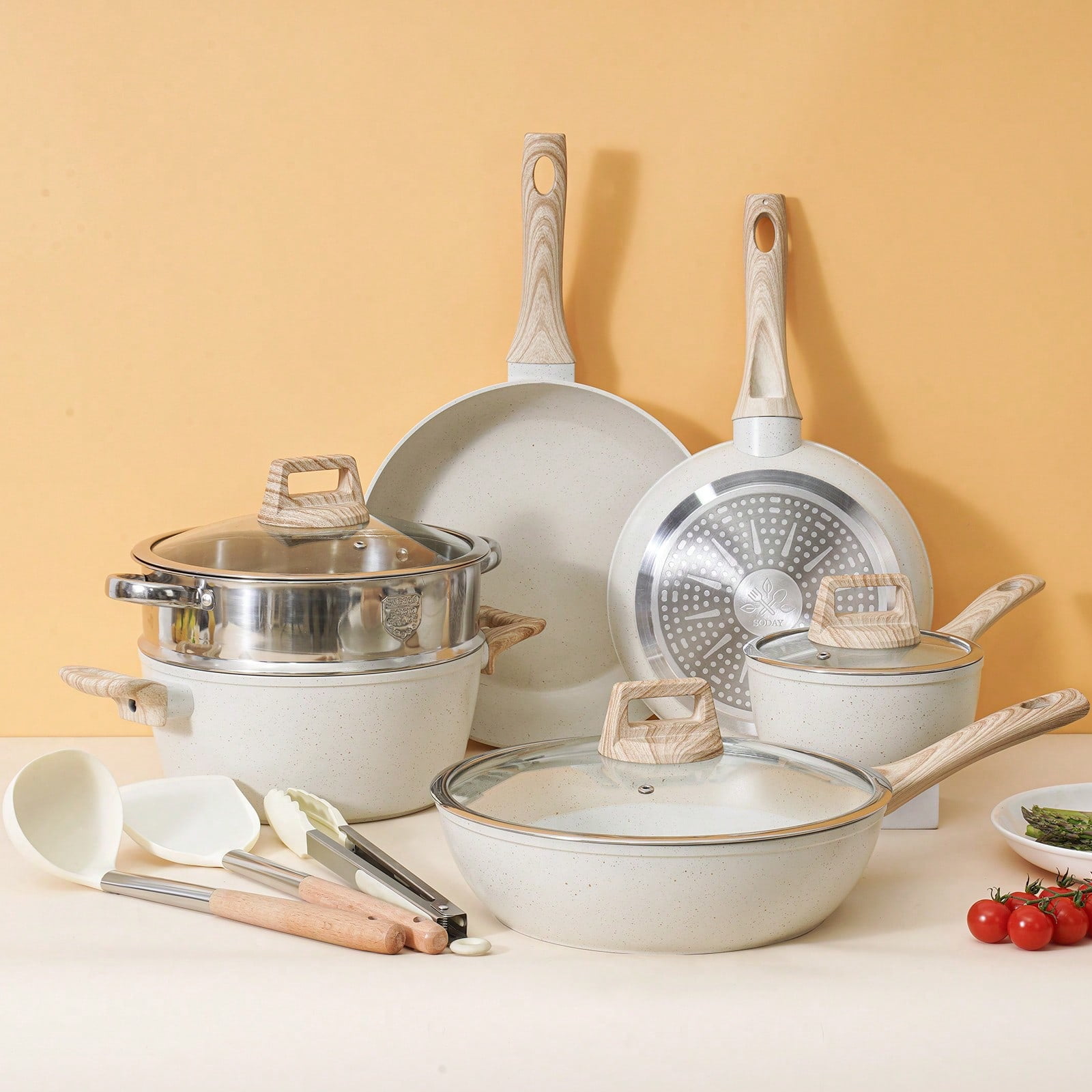 12 Pcs Nonstick Cookware Set - Induction Compatible Granite Coated Pots ...