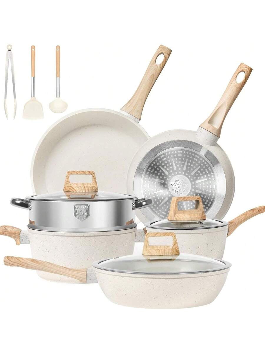 12 Pcs Nonstick Pots and Pans Set - Induction Cookware, White | Frying ...