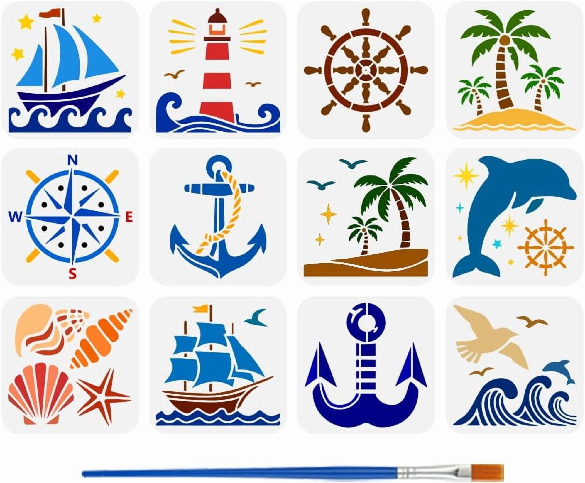 12 Pcs Ocean Motif Painting Stencil with Brush 5.9x5.9inch Boat ...