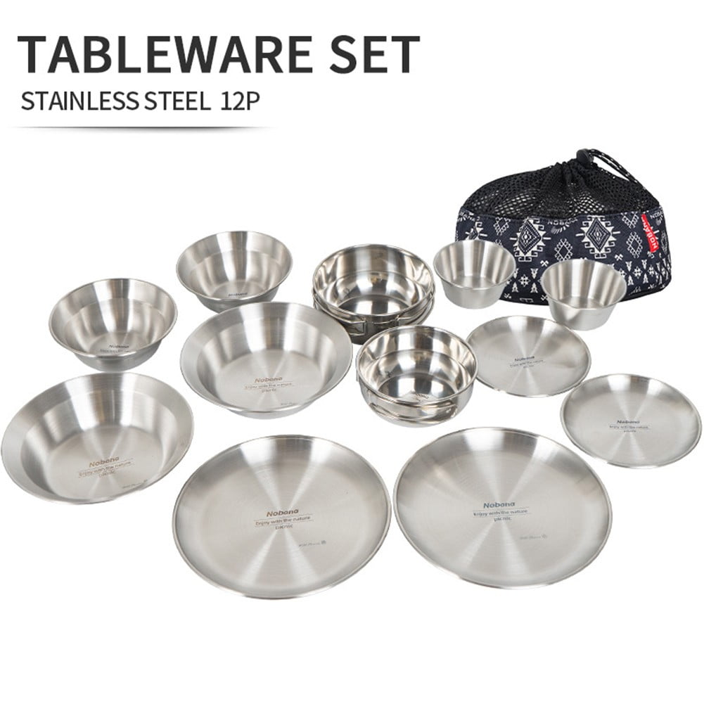 12 Pcs Outdoor Stainless Steel Plates and Bowls Set Dinnerware for ...