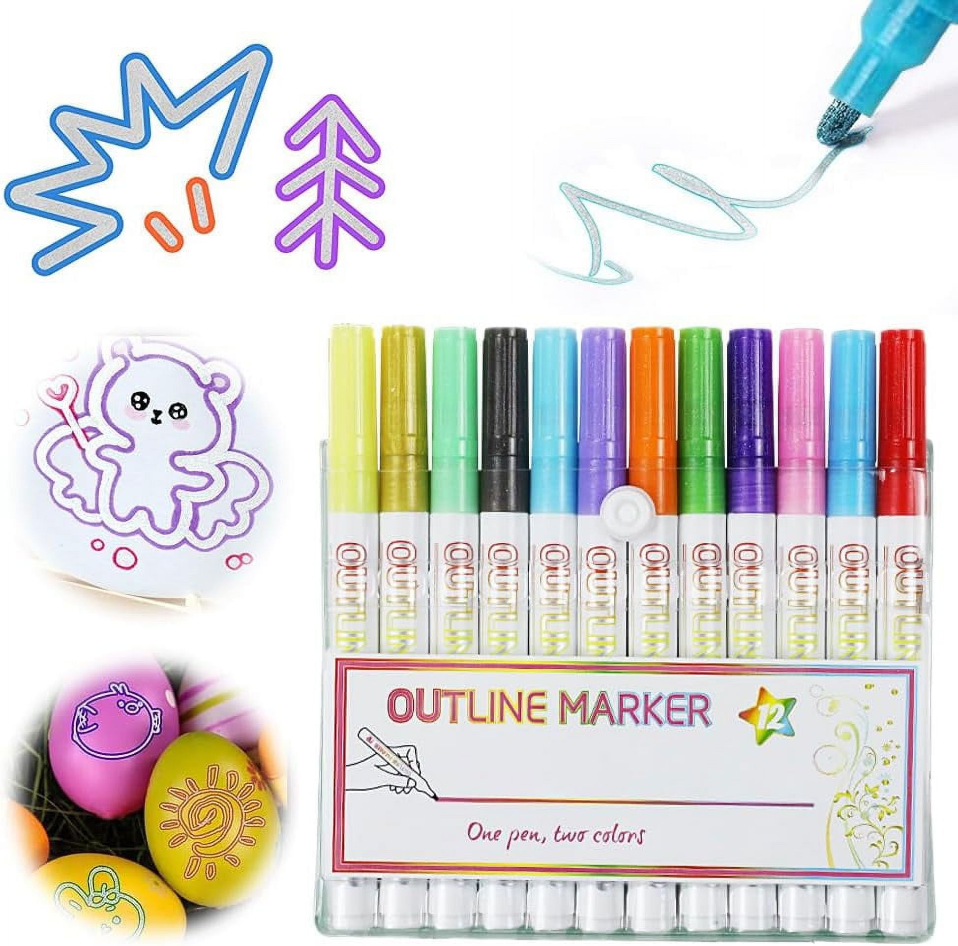 12 Pcs Outline Marker Set, Glitter Gel Double Line Outline Pen Sparkle ...