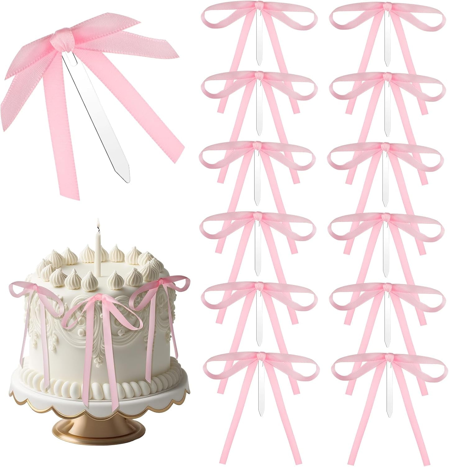 12 Pcs Pink Bow Ribbon Cake Toppers 5 x 7 Inches Satin Bowknot Cake ...