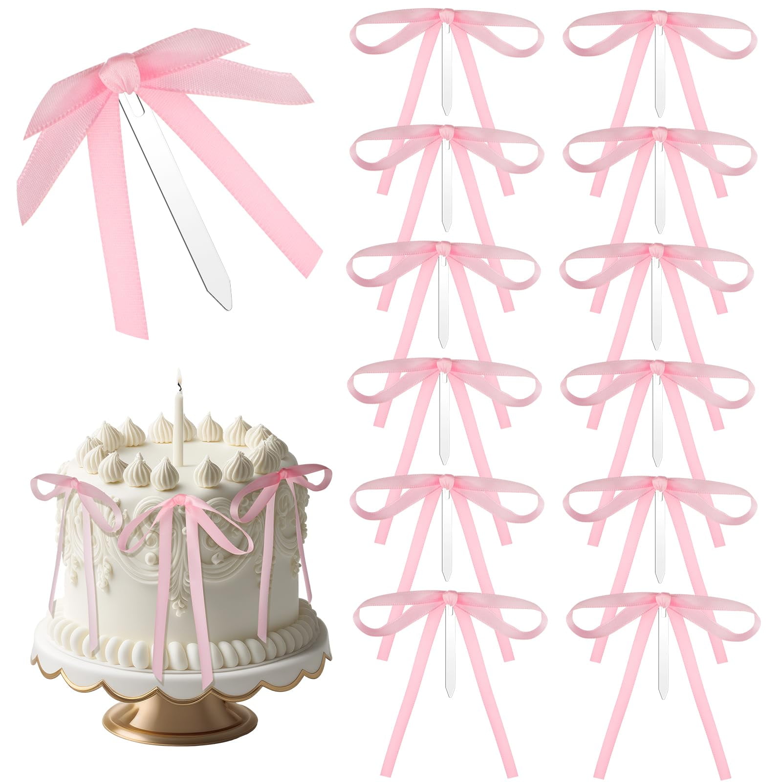 12 Pcs Pink Bow Ribbon Cake Toppers 5 x 7 Inches Satin Bowknot Cake ...