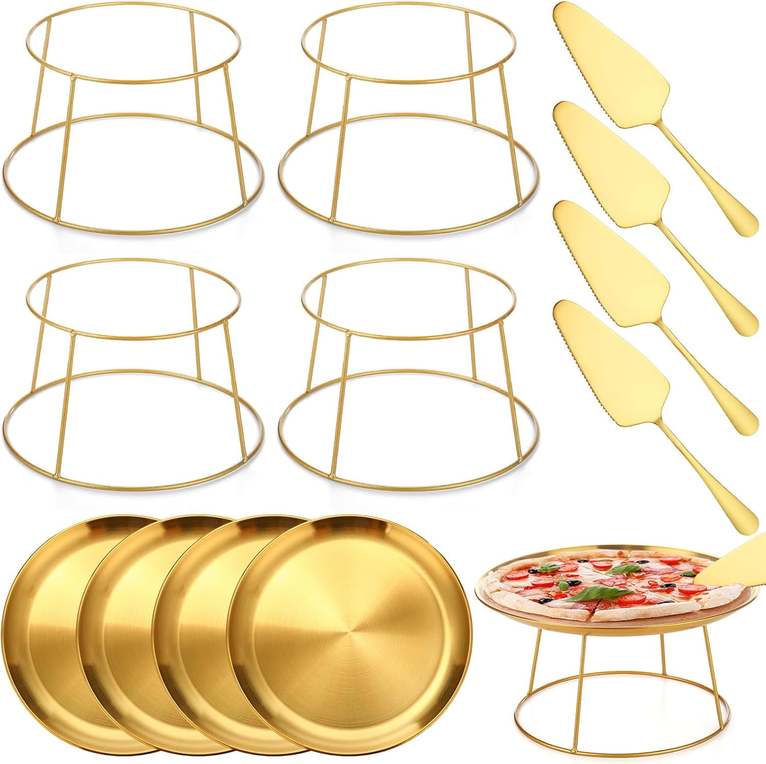 12 Pcs Pizza Pan Riser Stand Set: 4 Metal Pizza Stands, 4 Pizza Pan, 4 ...