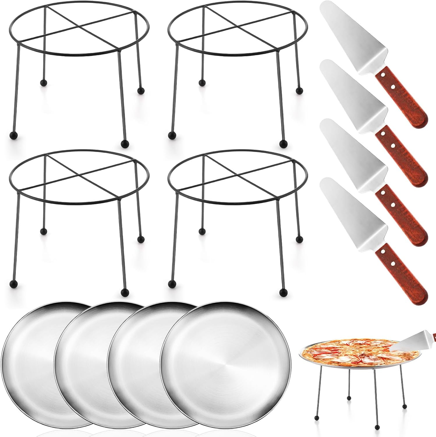 12 Pcs Pizza Pan Riser Stands Set with 4 Metal Pizza Table Stands, 4 ...