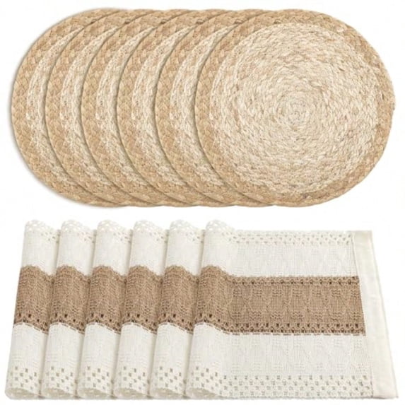 12 Pcs Placemats 6 Pcs Natural Cotton Burlap Place Mats and 6 Pcs ...