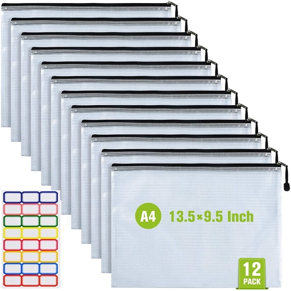 12 Pcs Plastic Mesh Zip File Bags, Waterproof Tear-Resistant Document ...