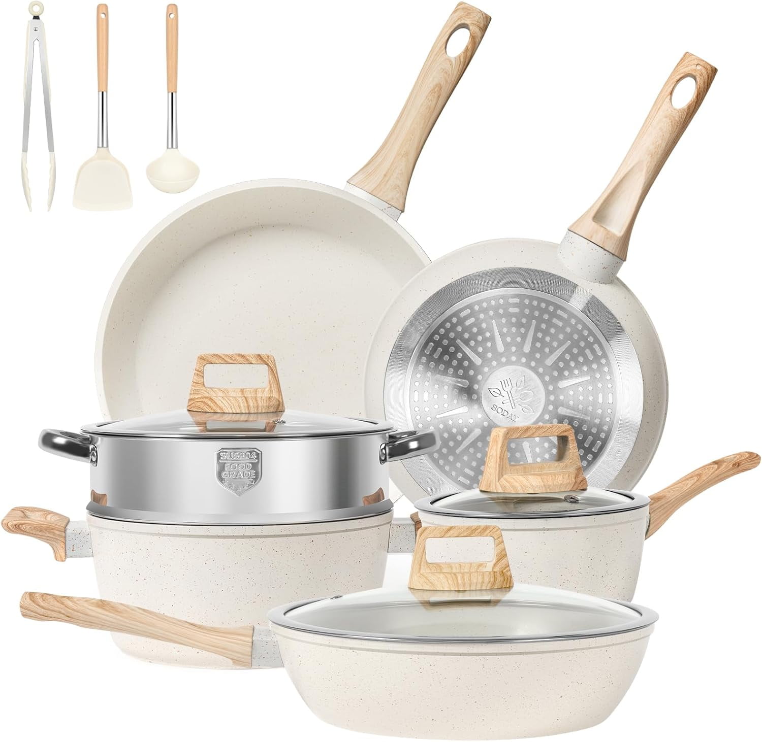 12 Pcs Pots and Pans Set, Nonstick Cookware Sets White Granite ...