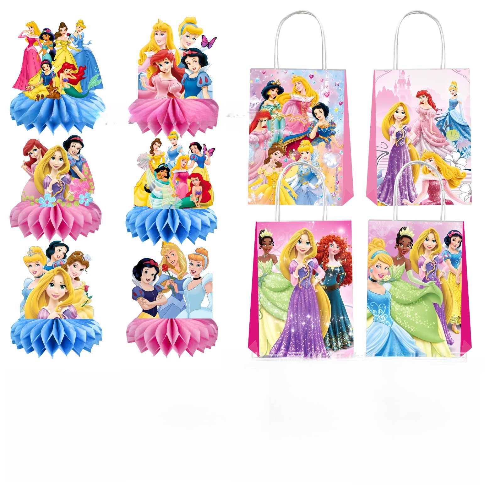 12 Pcs Princess Party Gift Bags + 6Pcs Princess Honeycomb Centerpiece ...