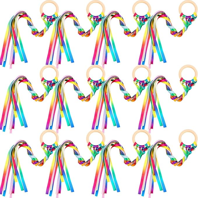 12 Pcs Rainbow Ribbon Wooden Waldorf Toys Creative Waldorf Hand Kite ...