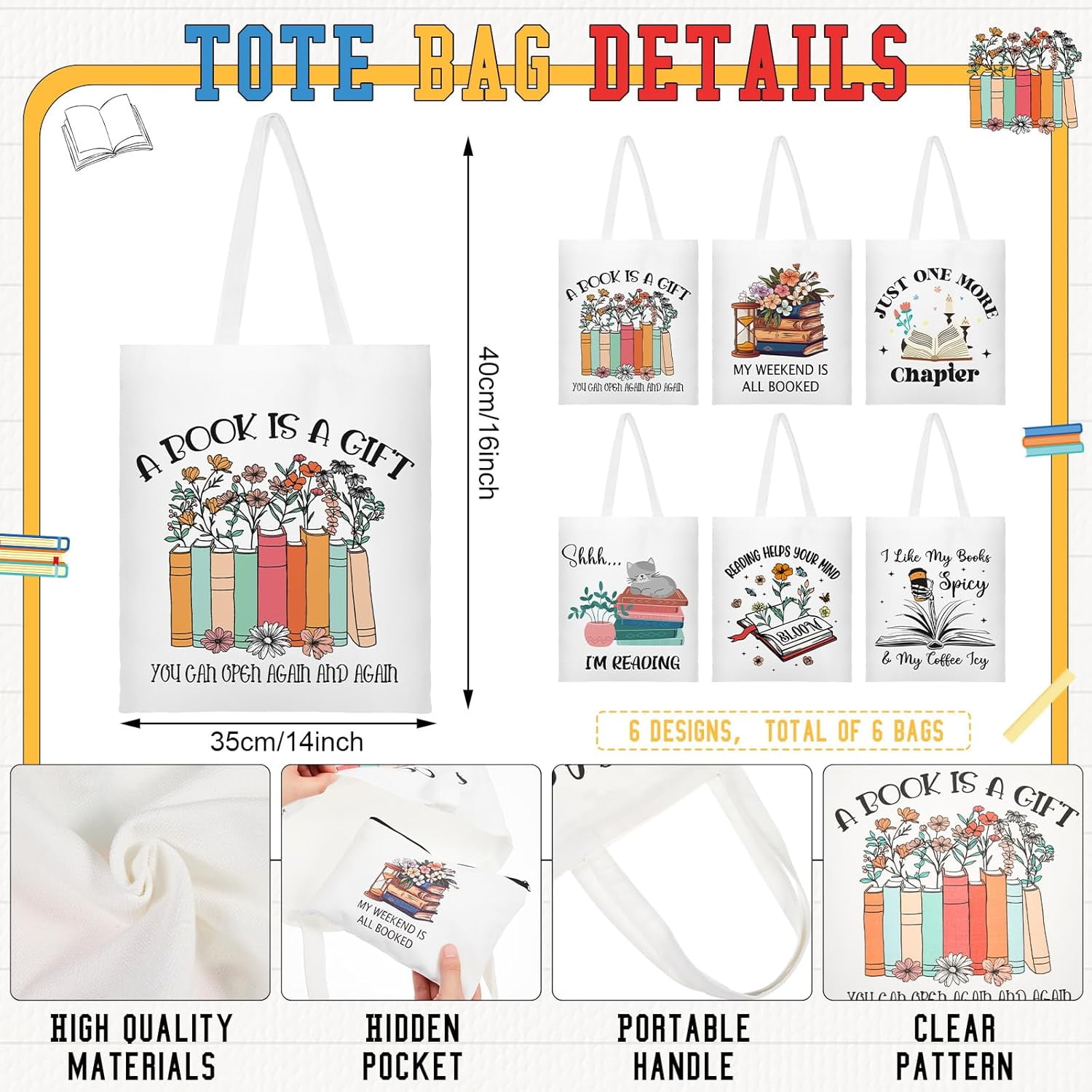 12 Pcs Reading Canvas Tote Bag Set with Makeup Bag - Book Club Gifts ...