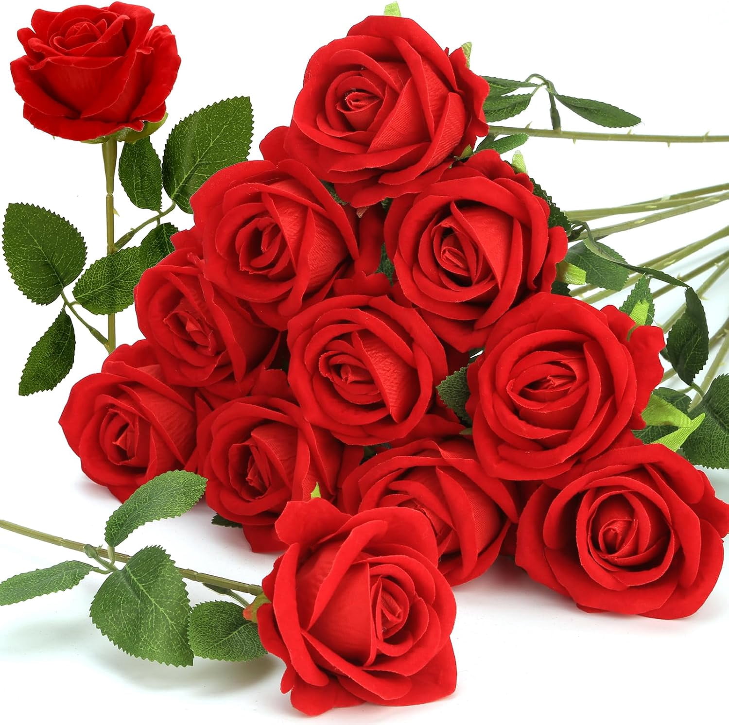 Bincy Artificial Roses, 12 Pcs Red Velvet Roses, 15-Inch Stems ...