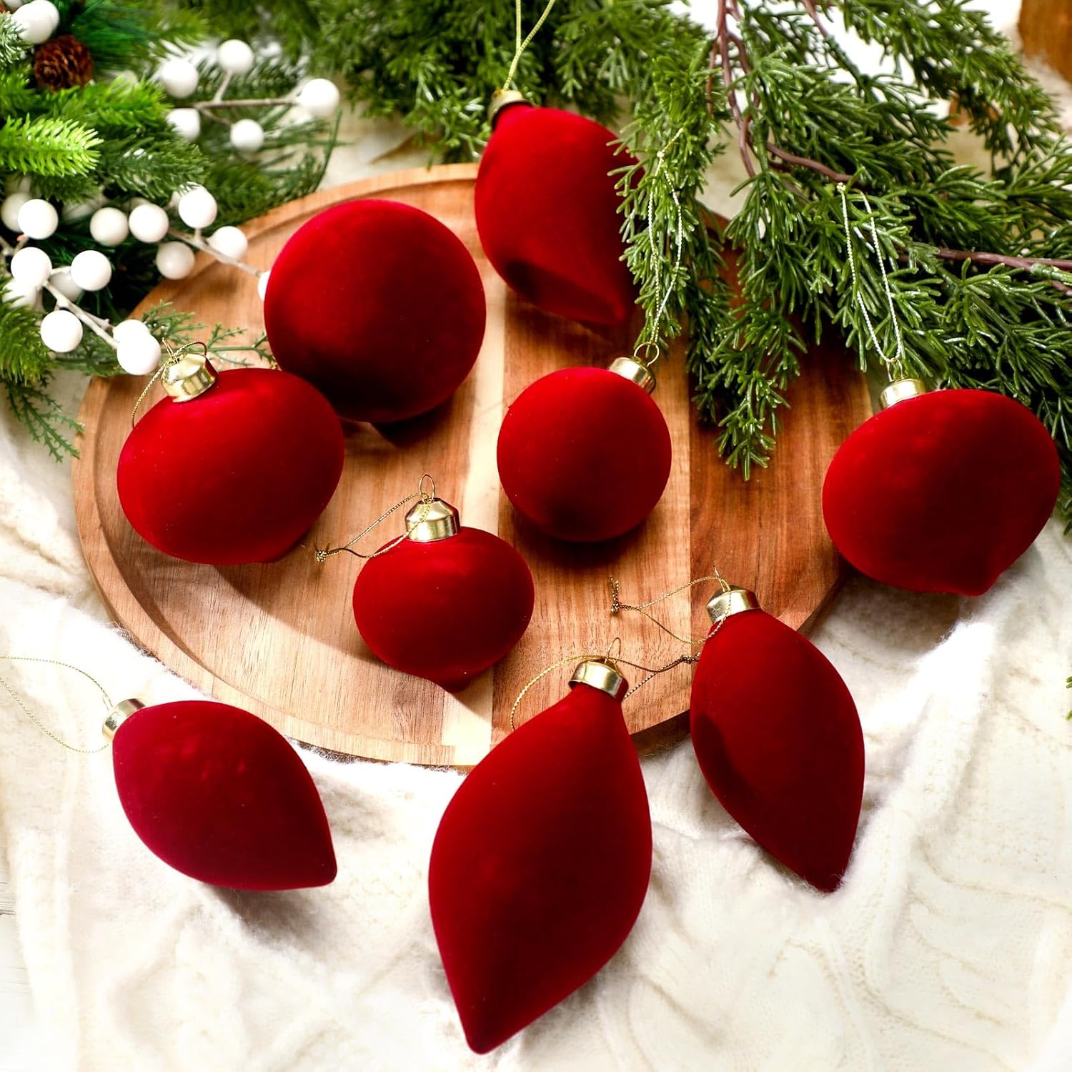 12 Pcs Red Velvet Christmas Ornaments Large Glass Velvet Christmas ...