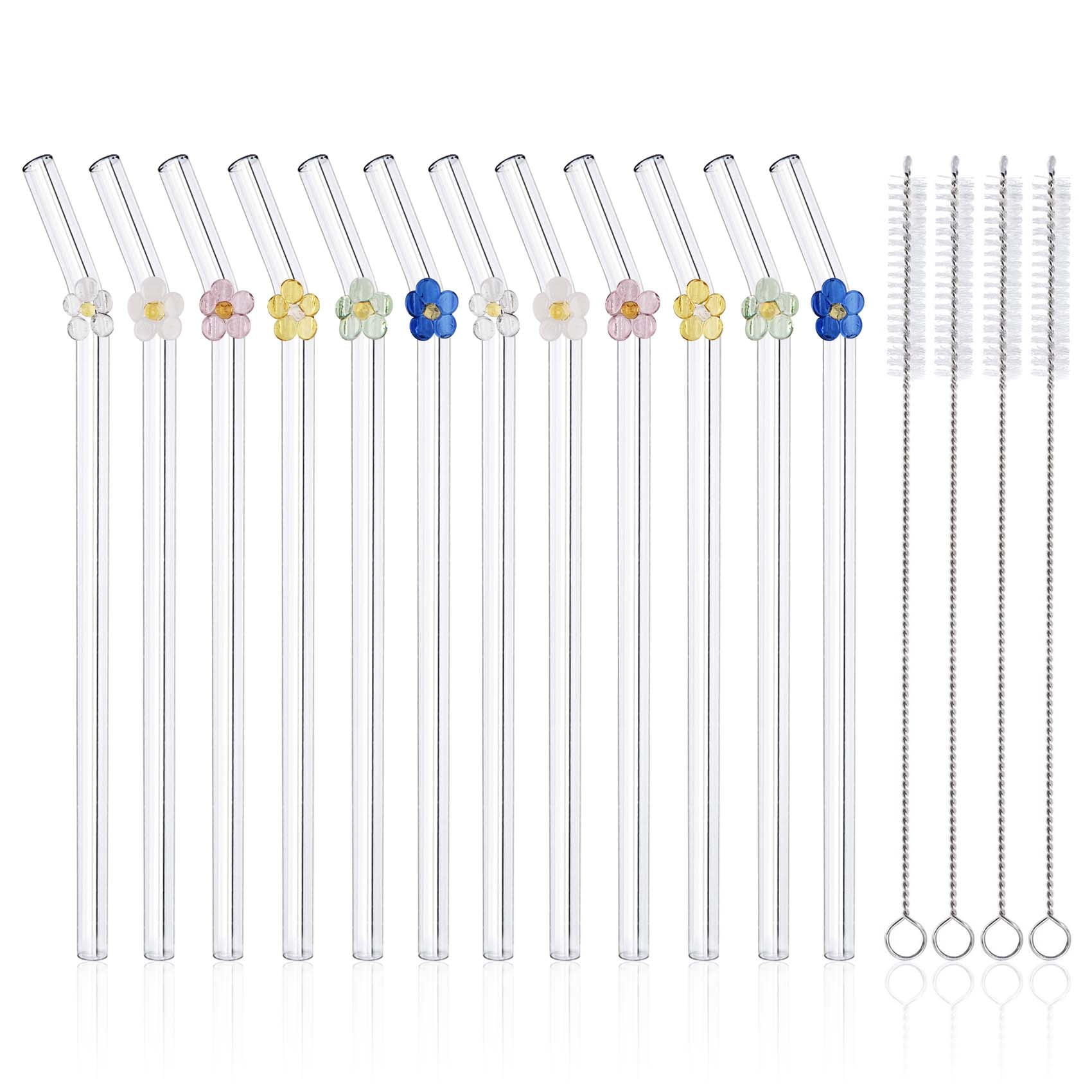 12 Pcs Reusable Glass Straws, Cute Flower Clear Glass Straw with 4 ...
