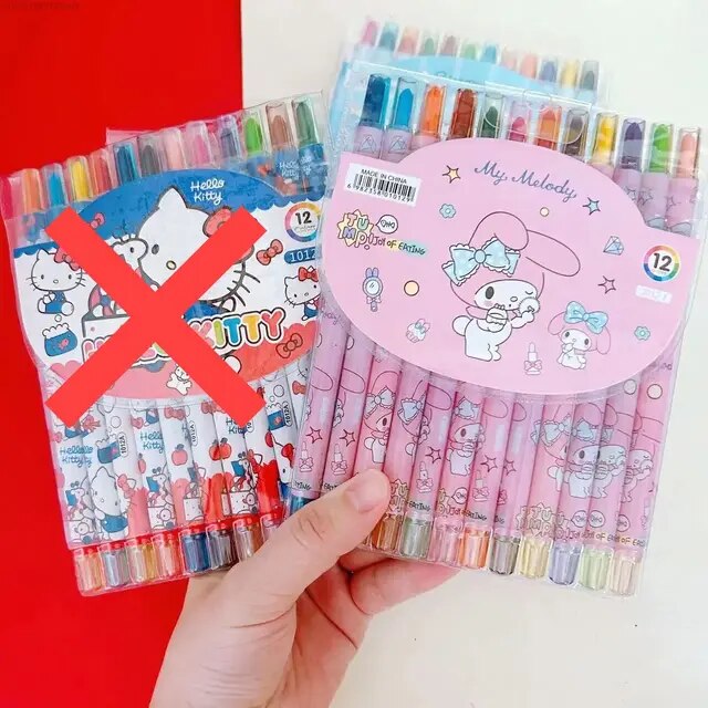12 Pcs/Set Sanrio Hello Kitty Cinnamoroll Kuromi Crayon 12 Color Cute ...