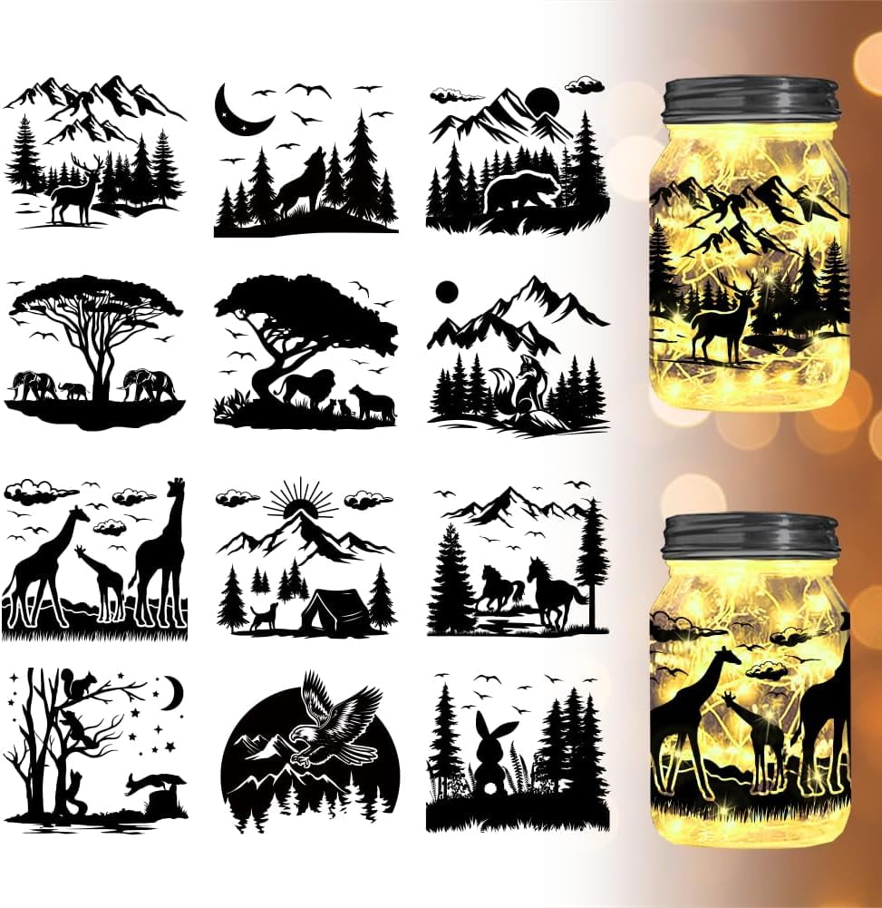 12 Pcs Silhouette Cutouts Decals Forest Animals Silhouettes Mason Jar ...