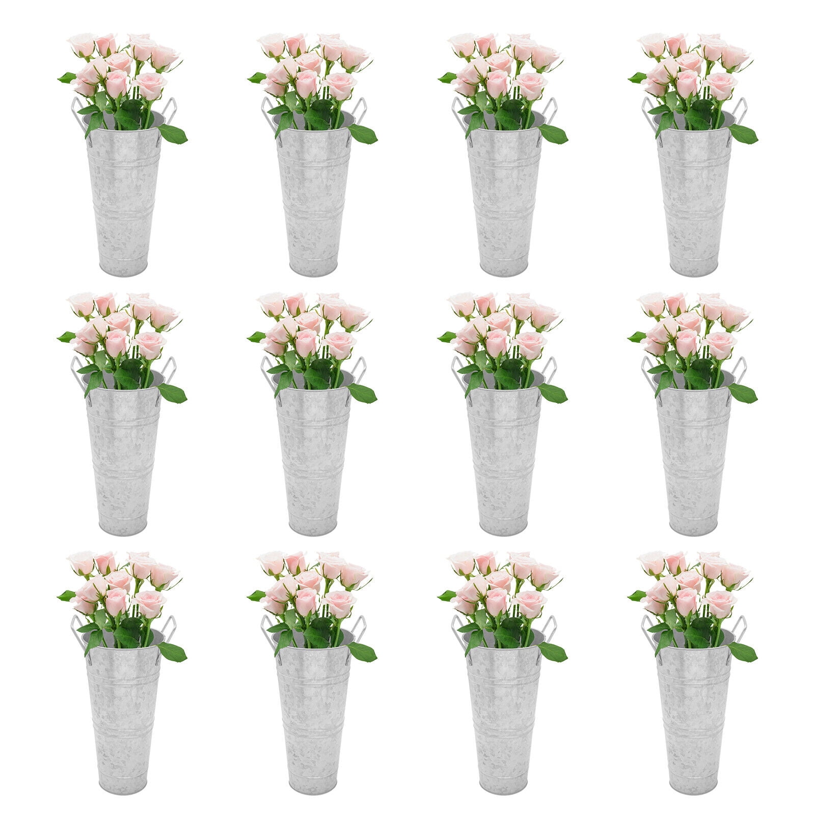 12 Pcs Silver Metal Flower Buckets Wedding Flower Display 9 inch Flower ...