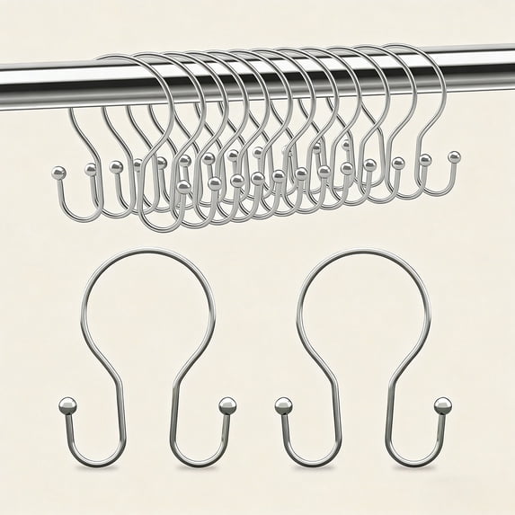 12 Pcs Silver Shower Curtain Hooks, Metal Double Sided Shower Curtain ...