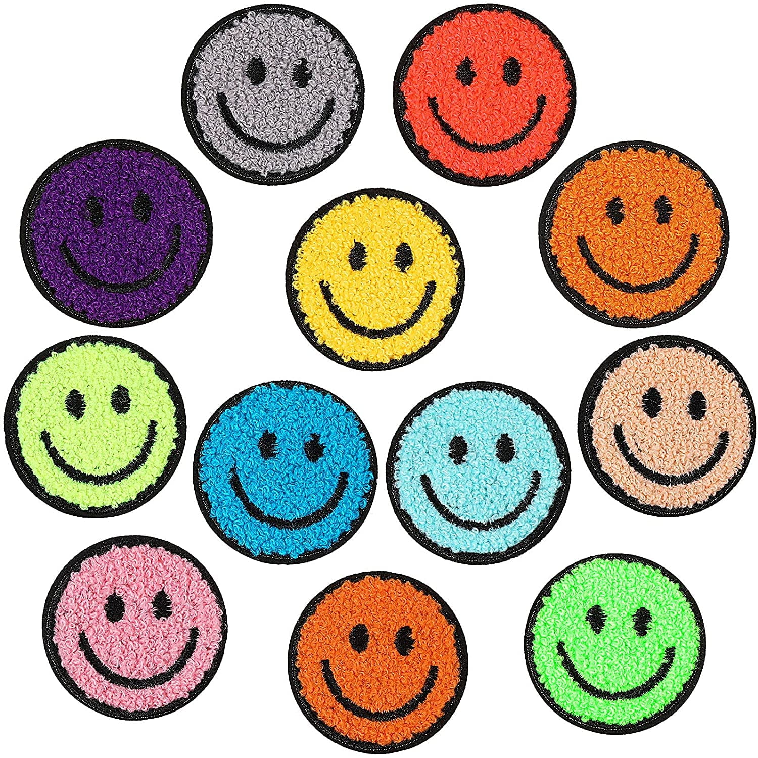 12 Pcs Smile Face Patch Iron on Patches Happy Face Chenille Patches for Clothes Dress Jackets ...