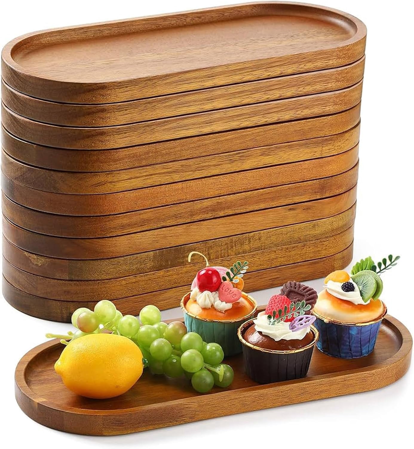 12 Pcs Solid Acacia Wood Serving Trays, 10 Inch Rectangular Wooden ...