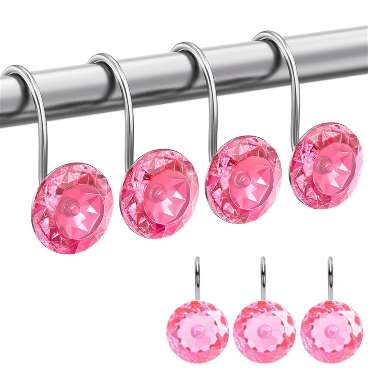 12 Pcs Sparkle Round Diamond Shower Curtain Hook,Pink Crystal Shower ...