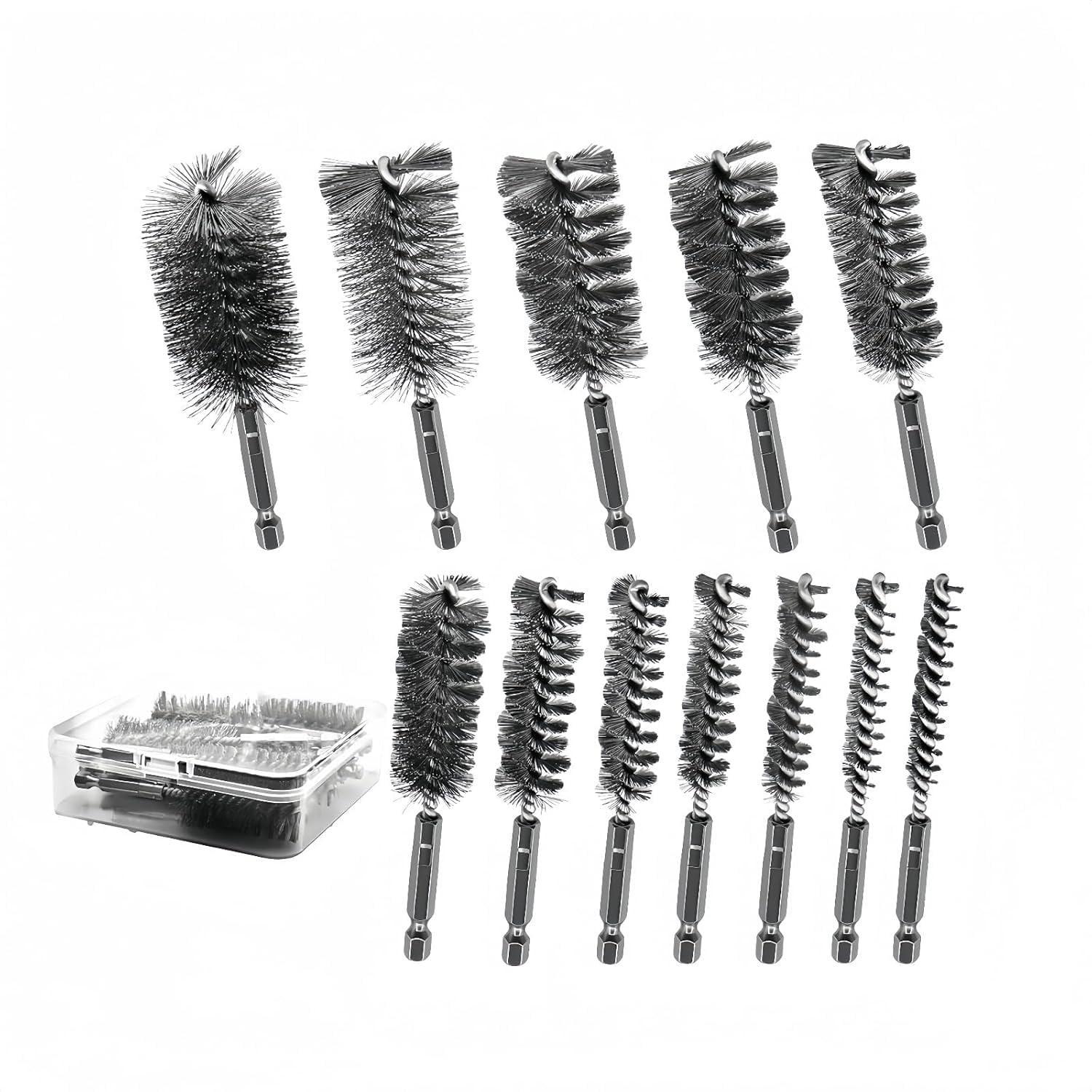 12 Pcs Stainless Steel Bore Brush Set with, 1/4" Hex Shank Twisted Wire ...