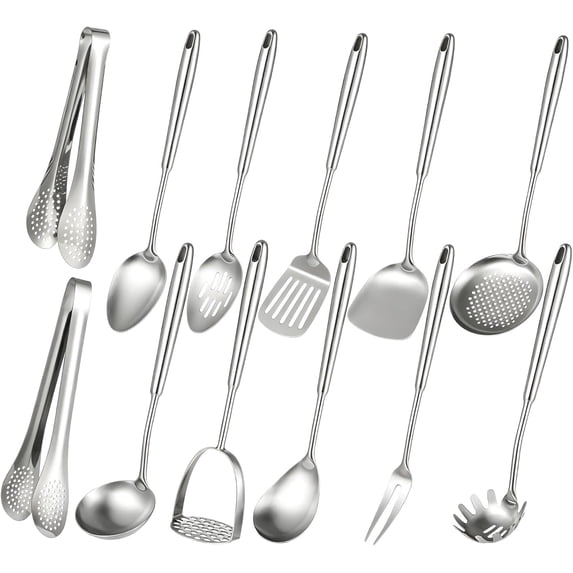 12 Pcs Stainless Steel Cooking Utensil Set - Wok Spatula, Soup Ladle ...