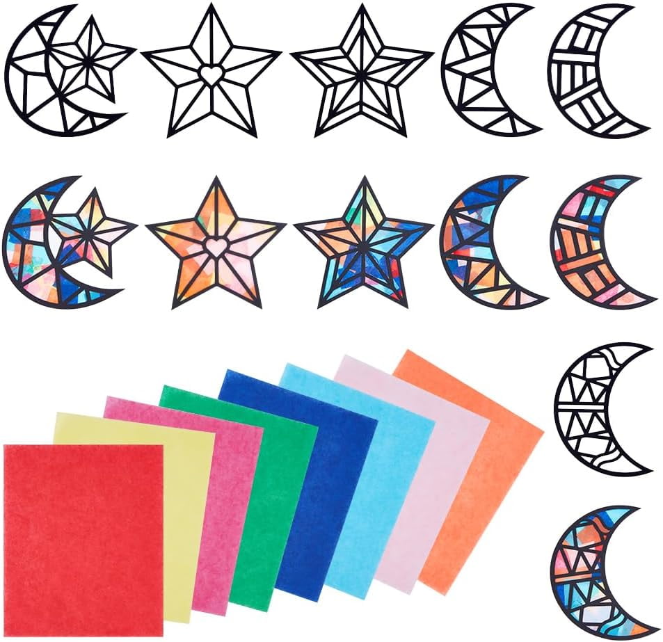 12 Pcs Star Moon Shapes Templates Stained Glass Effect Paper Sets DIY ...