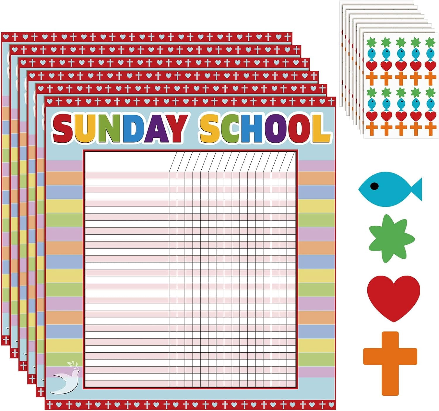 12 Pcs Sunday School Incentive Chart with Stickers Dry Erase Attendance Chart for VBS Christian ...