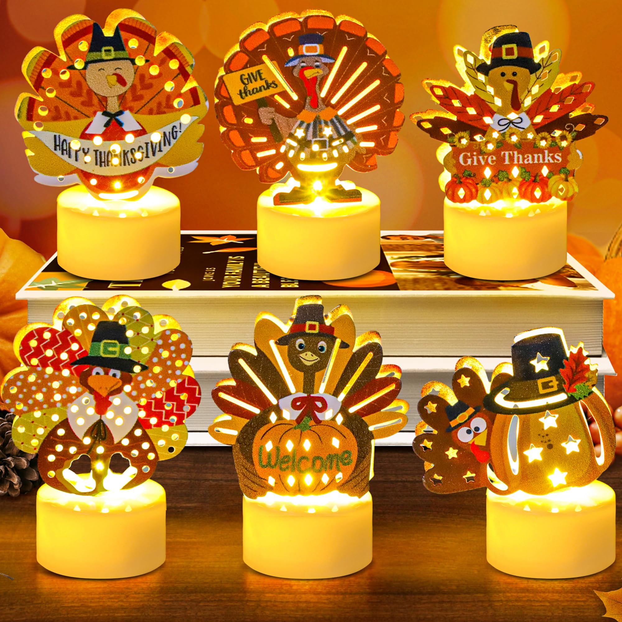 12 Pcs Thanksgiving Decorations Flameless Turkey Tea Lights Candles for ...