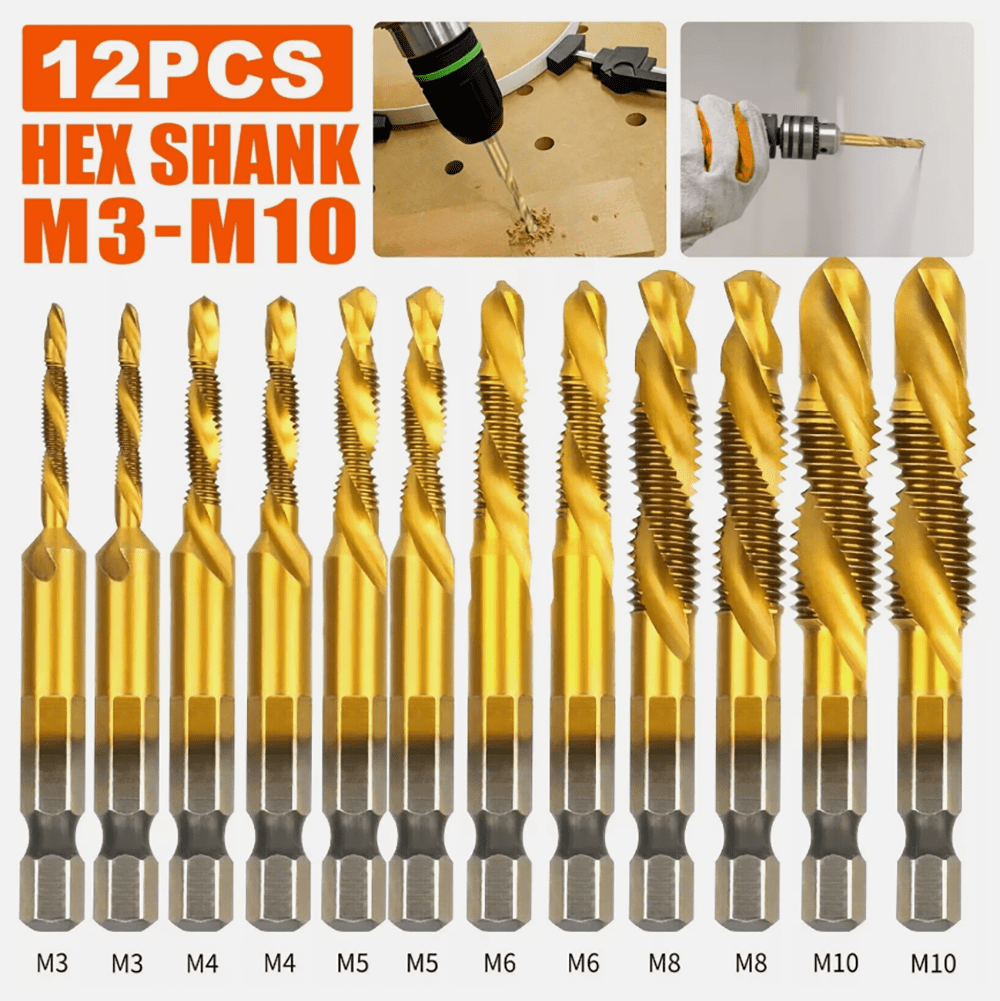 12 Pcs Titanium Combination Tap and Drill Bit, Metric Thread M3-M10 ...