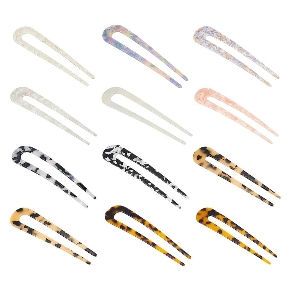 12 Pcs U Shaped Acrylic Hair Forks 12 Colors U Shaped Tortoise Shell ...
