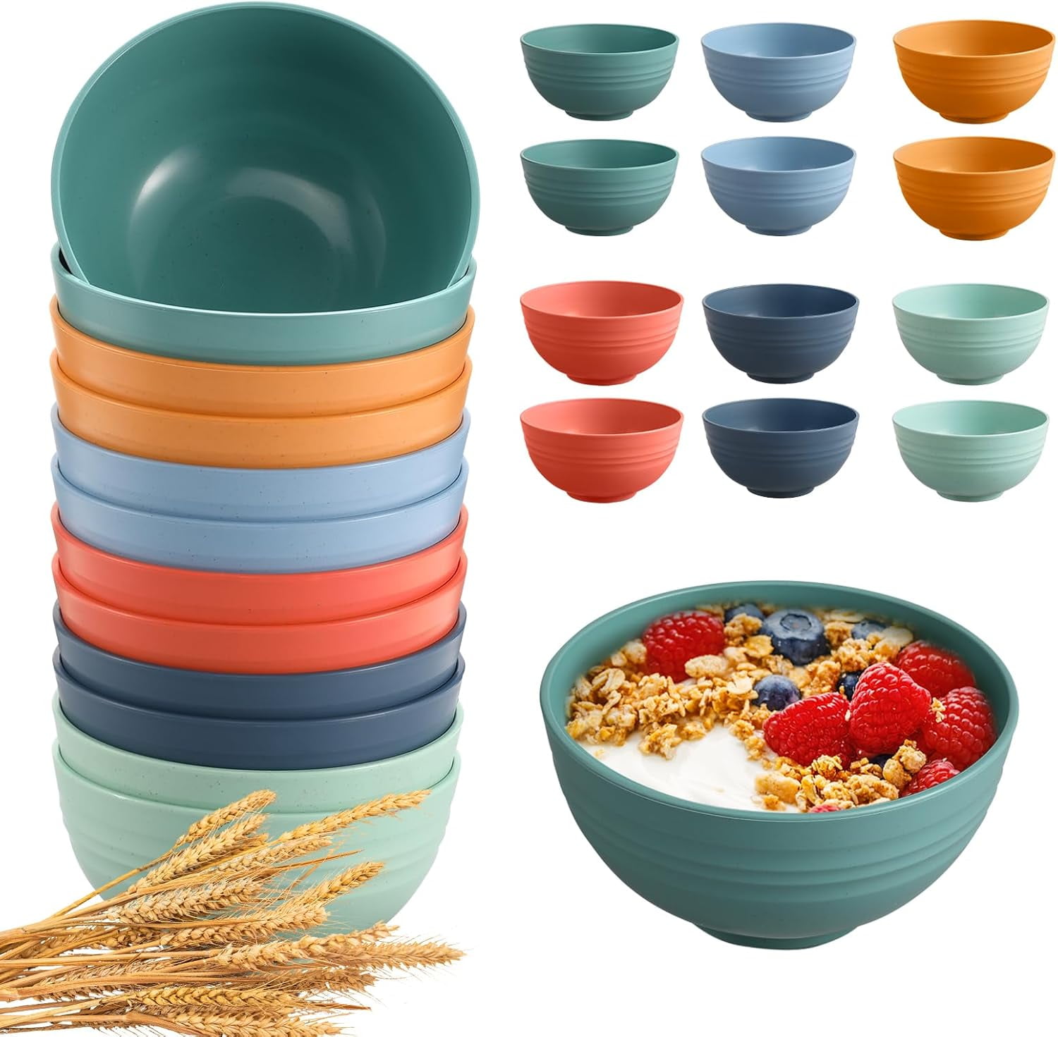 12 Pcs Unbreakable Cereal Bowls Set, 26 Oz Wheat Straw Bowls Set ...