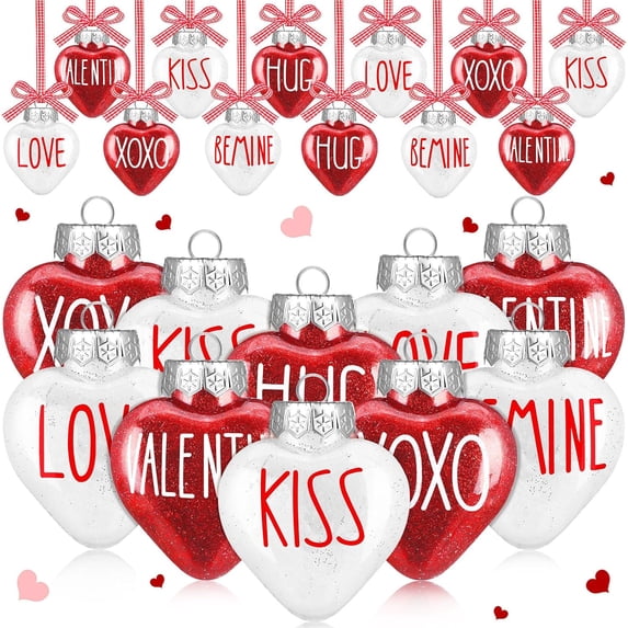 12 Pcs Valentine's Day Heart Ornaments for Tree Heart Baubles Shaped ...