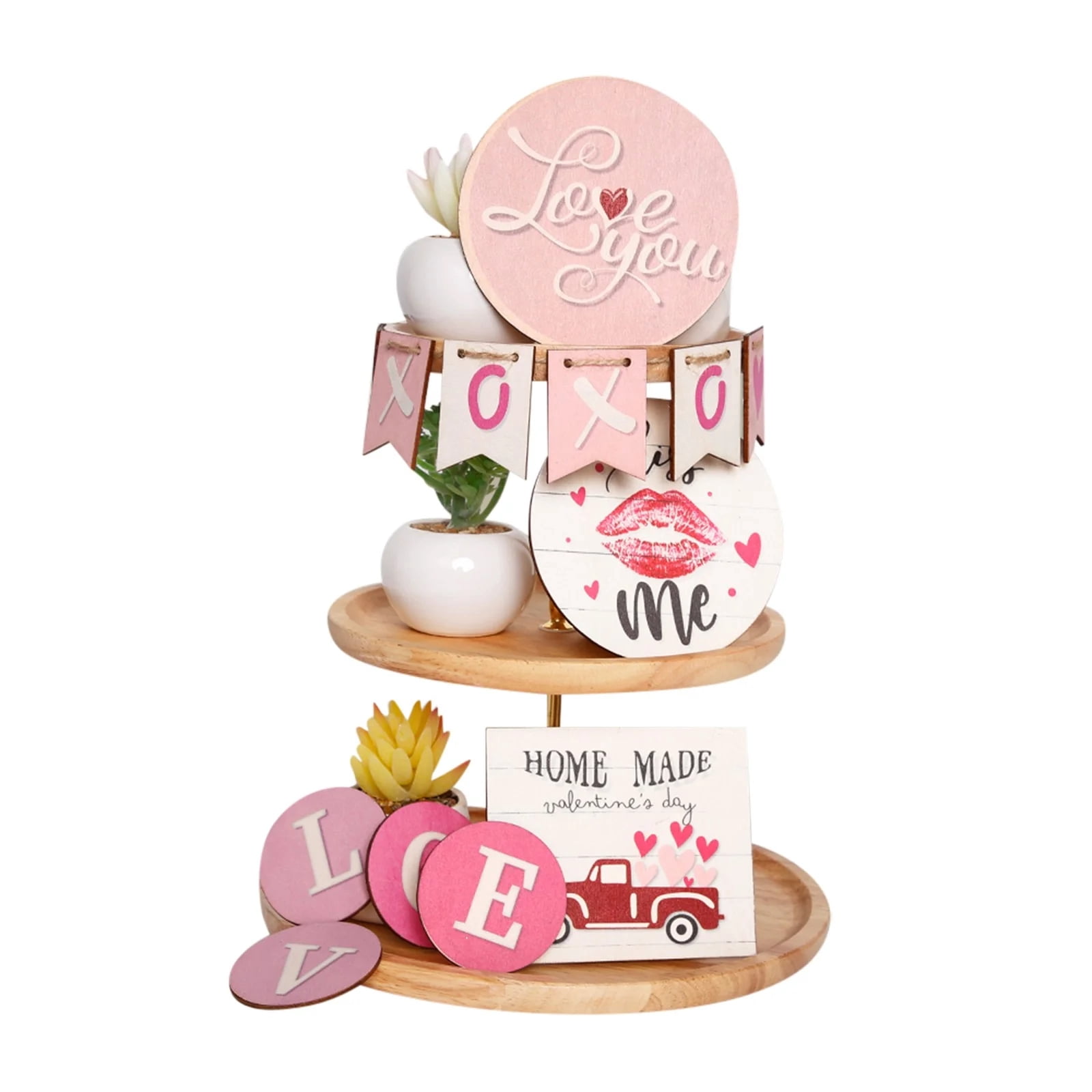12 Pcs Valentine's Day Tiered Tray Decor Set Red Heart Love Wooden ...