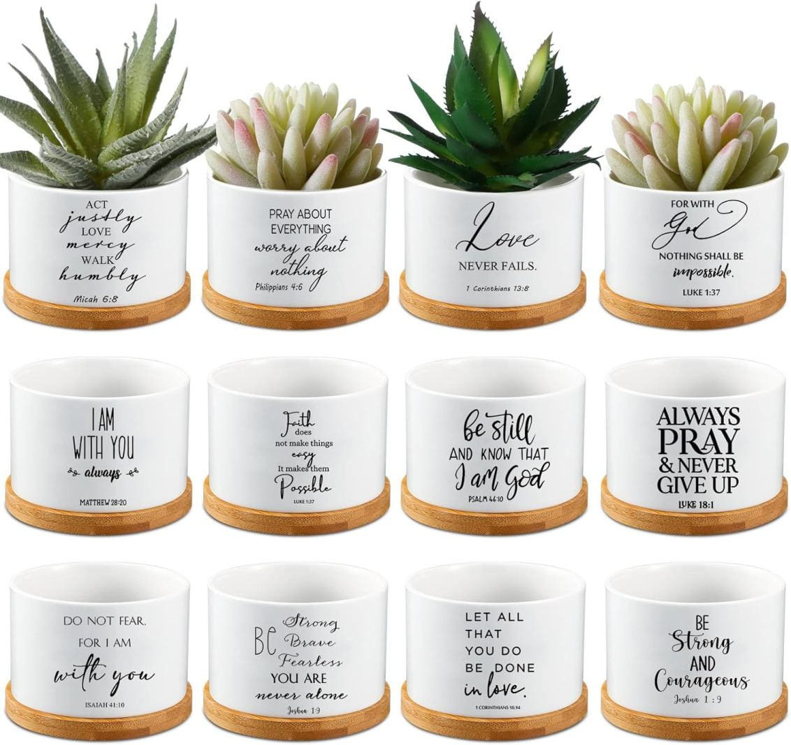 12 Pcs White Bible Verse Succulent Pots with Drainage 3.15 Inch Mini ...