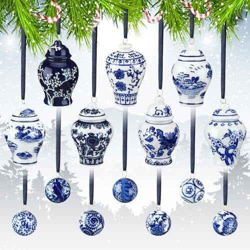 12 Pcs White and Blue Ginger Jar Christmas Chinoiserie Hanging ...