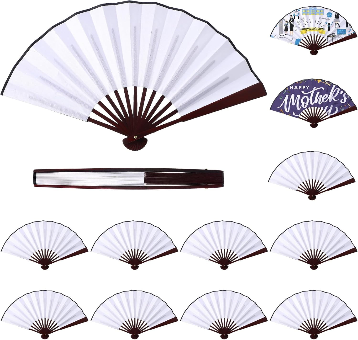 12 Pcs White Clack Handheld Foldable Fans for Line Dancing Blank ...