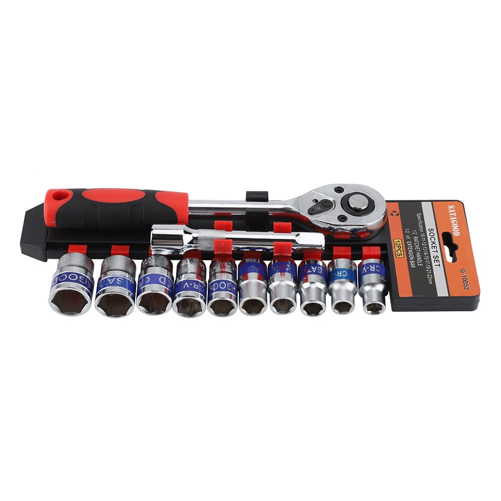 12-Piece 1/2in Ratchet Socket Set with Extension Bar for Mechanics ...